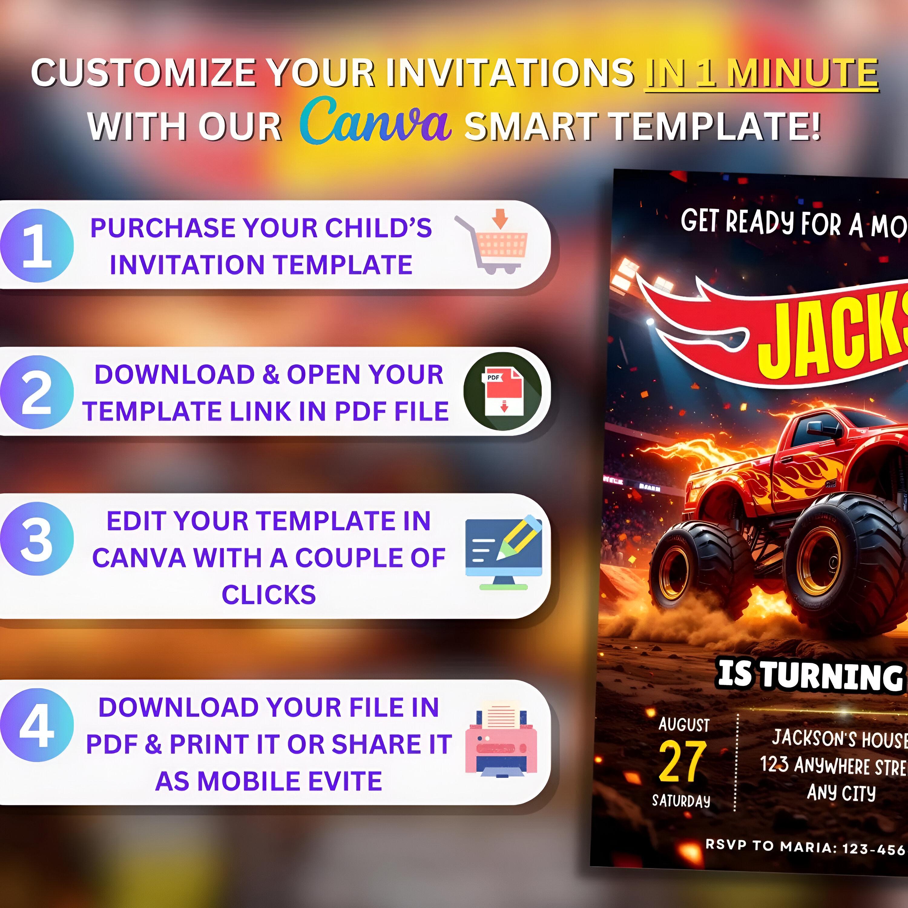 Editable Hot Monster Truck Birthday Invitation, Wheels Monster Truck ...