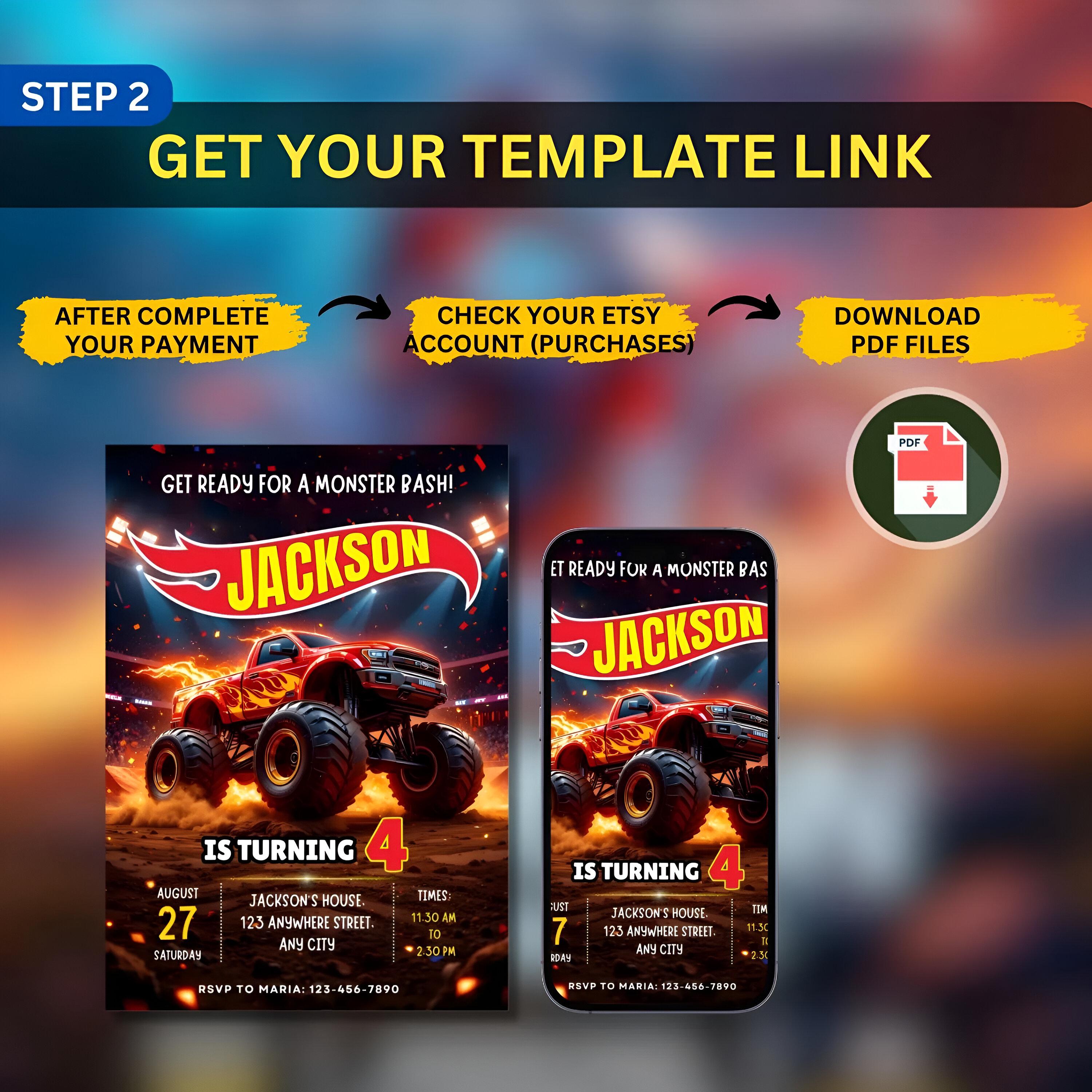 Editable Hot Monster Truck Birthday Invitation, Wheels Monster Truck ...