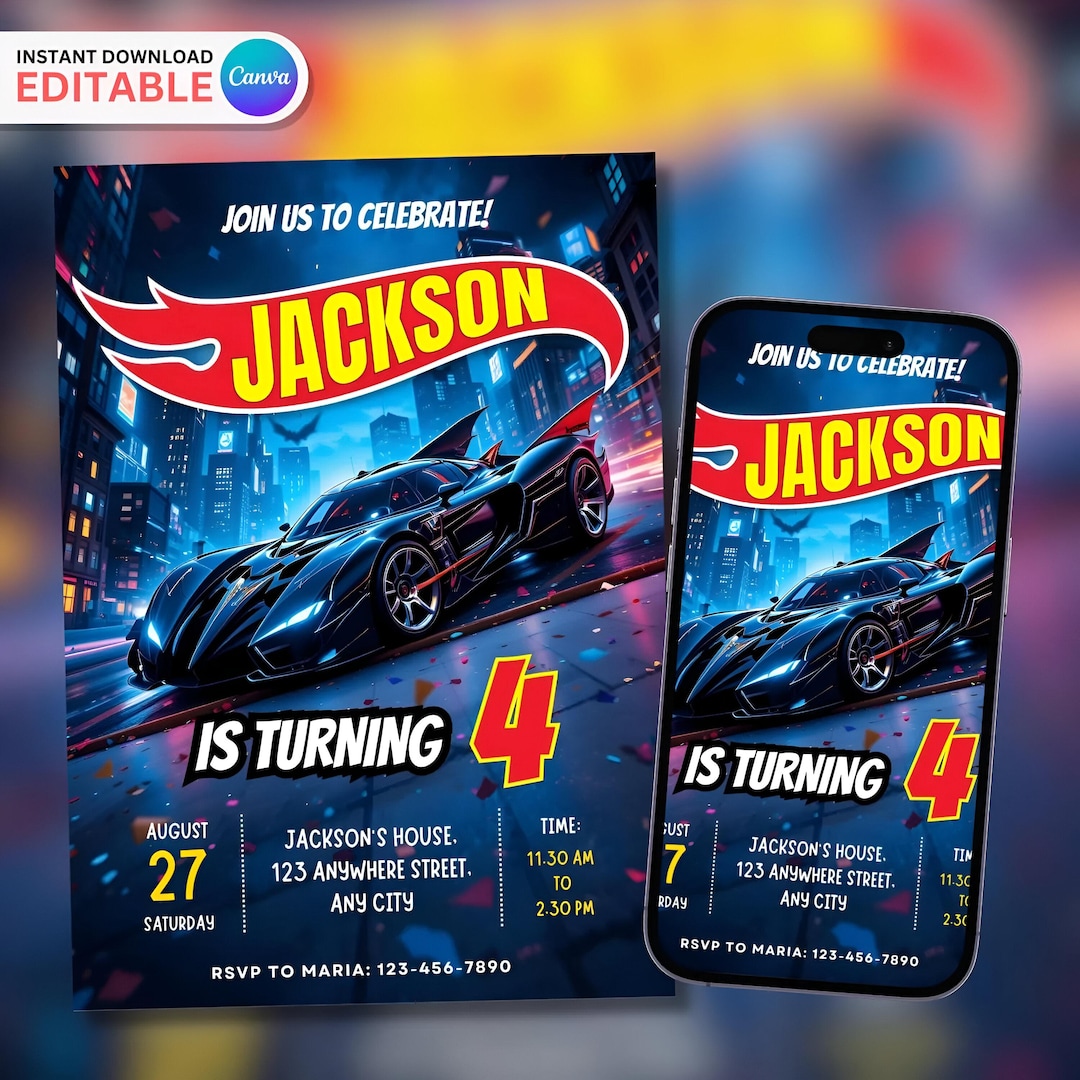 Editable Hot Batmobile Birthday Invitation, Wheels Batmobile Birthday ...