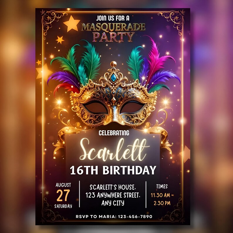 Editable Masquerade Party Invitation, Masquerade Ball Invite, Mask ...