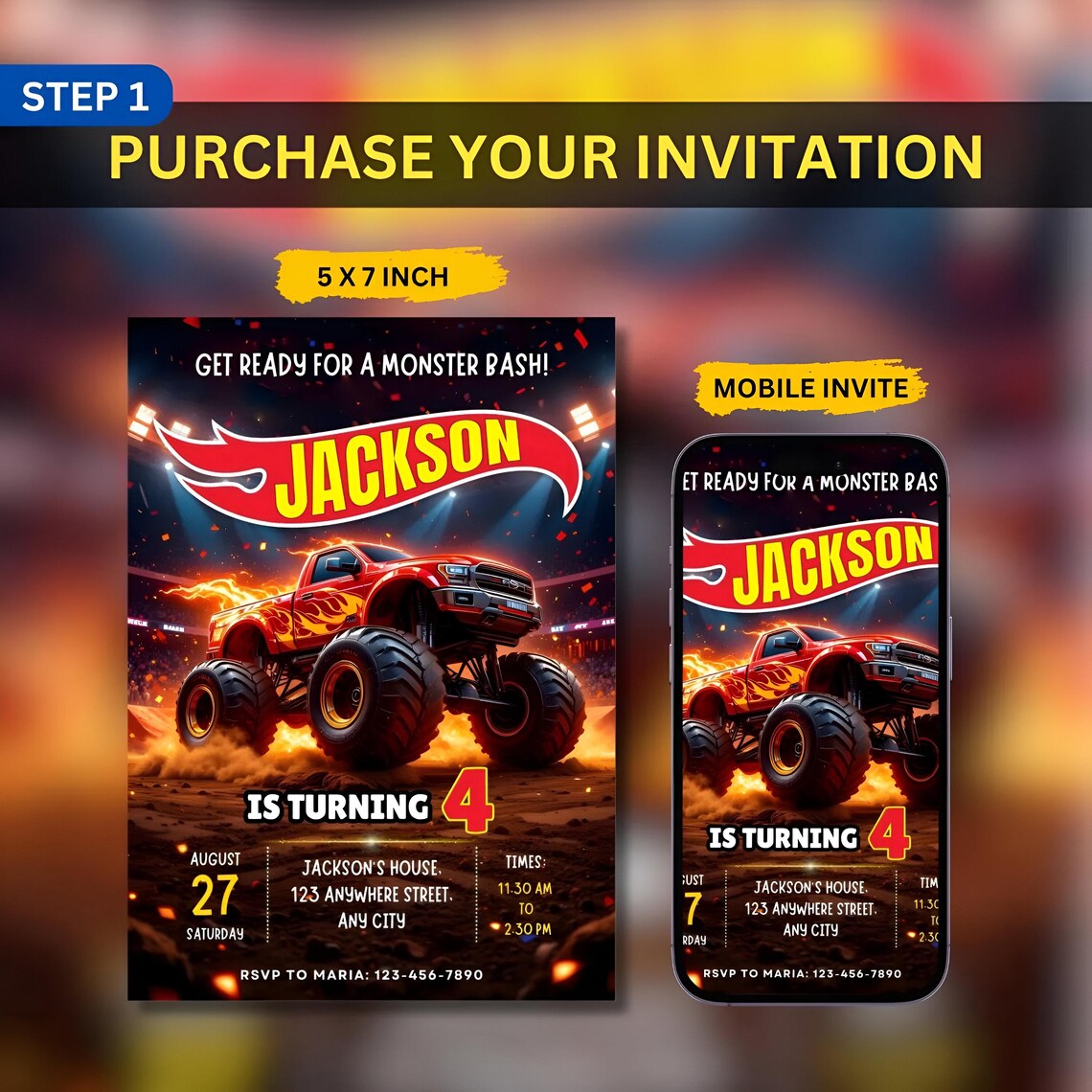 Editable Hot Monster Truck Birthday Invitation, Wheels Monster Truck ...