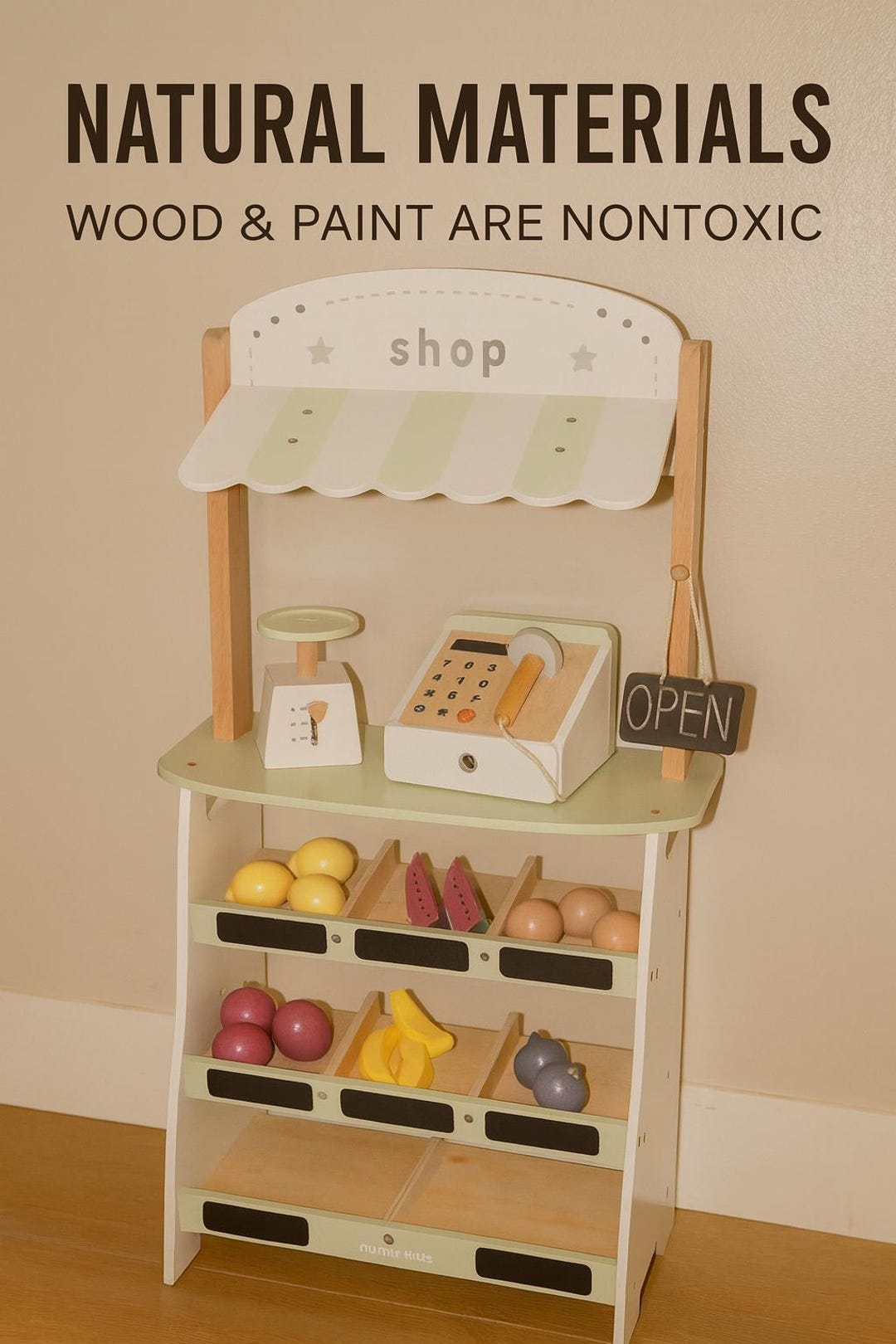 Wooden Grocery Store Play Set With Cart - Natural Pretend Shop for Kids ...