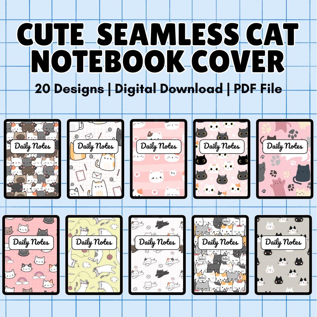 Cute Cat Notebook Covers – 20 A4 Seamless Pattern Designs + 2 Writing ...