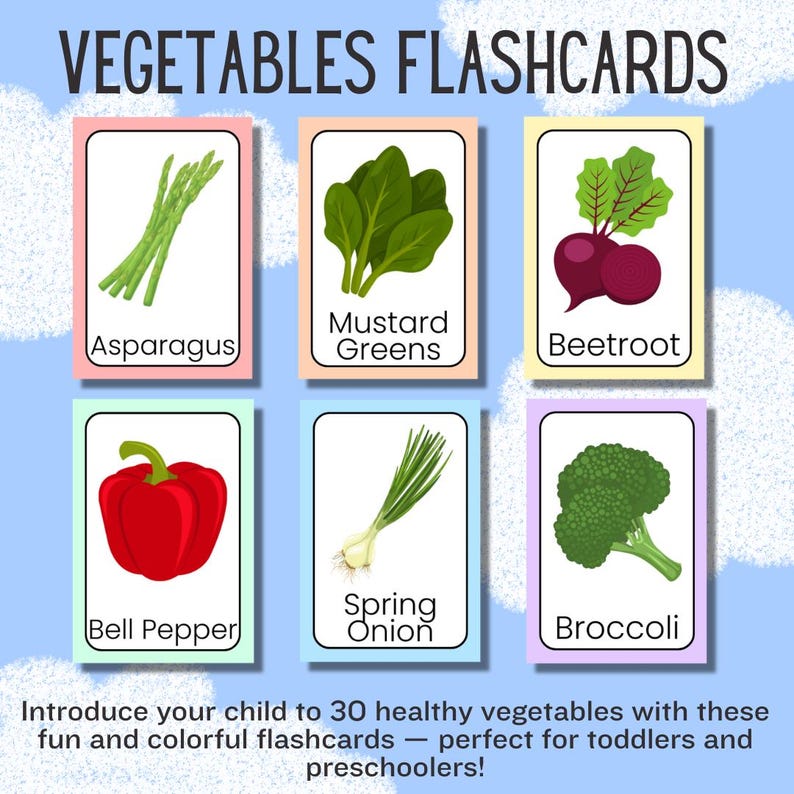 Vegetables Flashcards for Kids – Printable Learning Cards, Digital ...