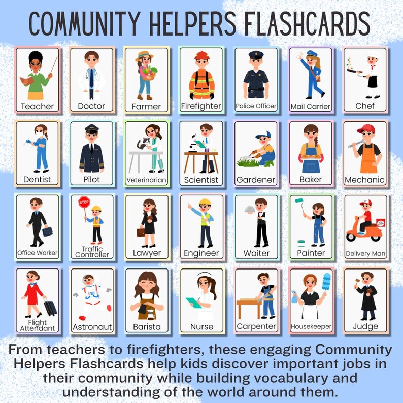 Community Helpers Flashcards for Kids – Printable Professions Learning ...