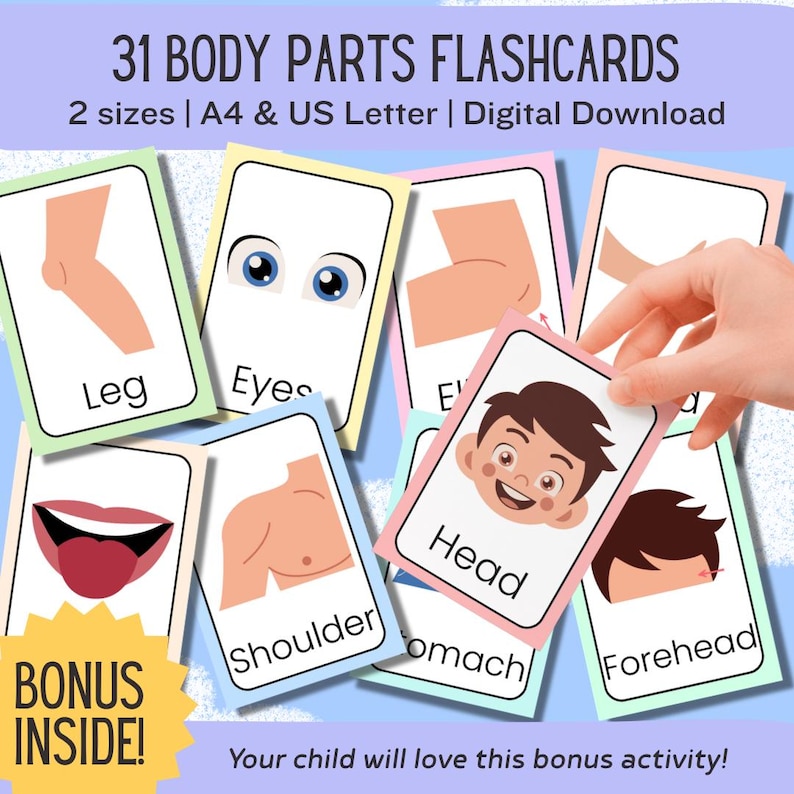31 Body Parts Flashcards + Bonus Matching Activity | Learn Human Body ...