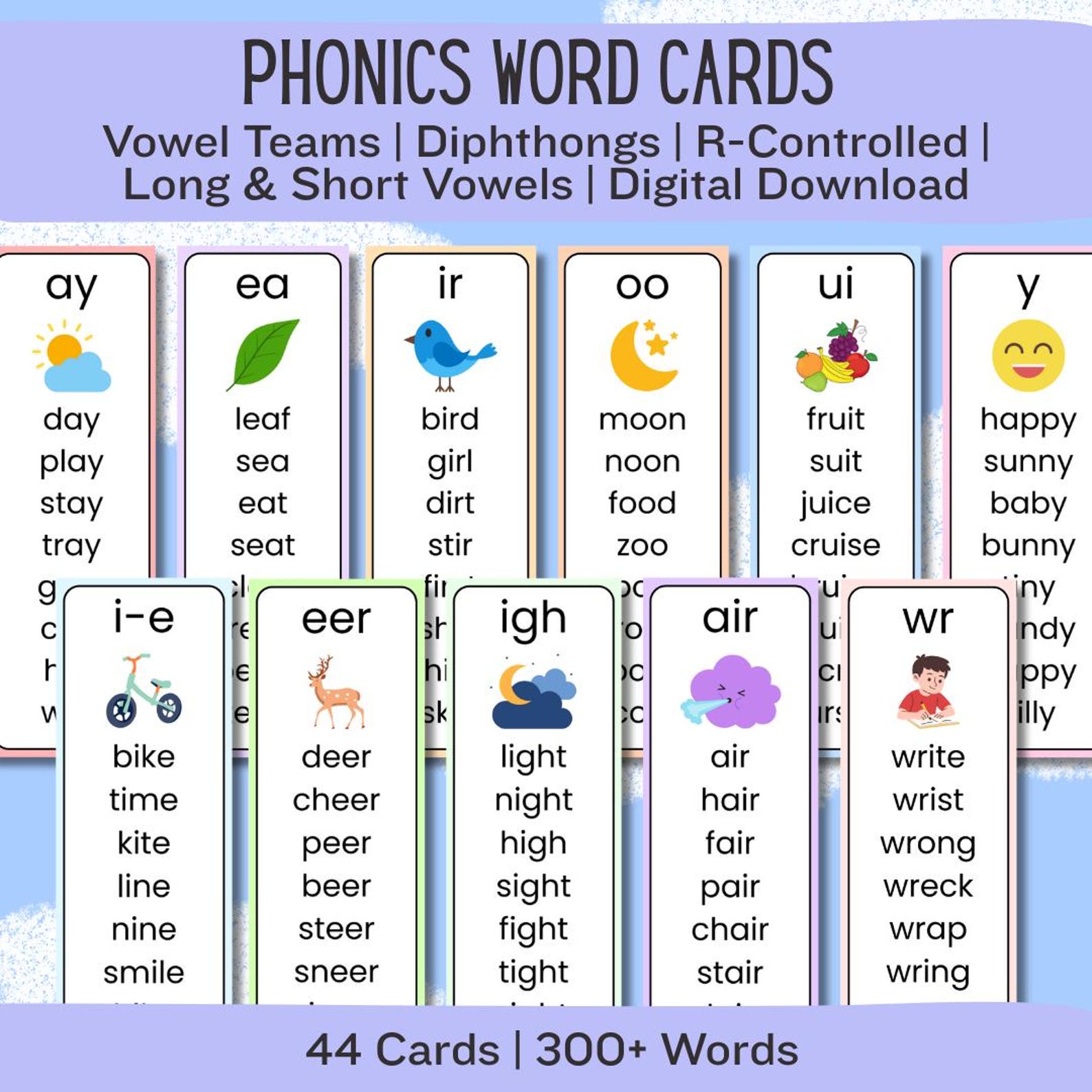 Phonics Flashcards, Vowel Teams, R-controlled, Diphthongs, Long & Short ...
