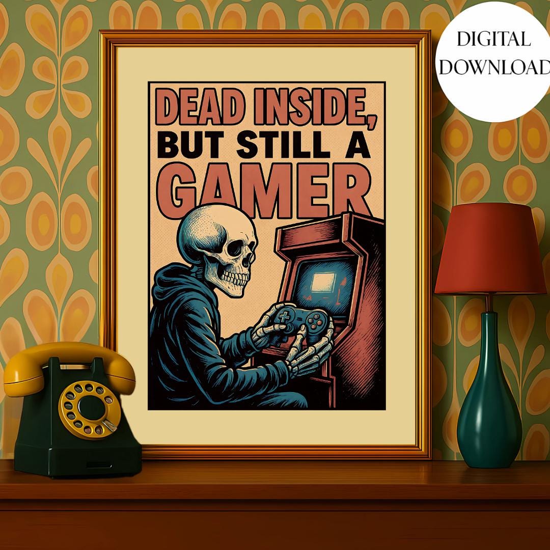 Funny Gamer Skeleton Poster: Retro Arcade Comic Art (digital Download ...