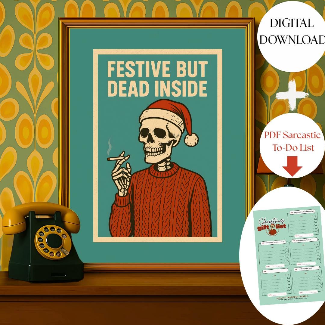 Retro Skeleton Santa Wall Art Printable Christmas Digital Download ...
