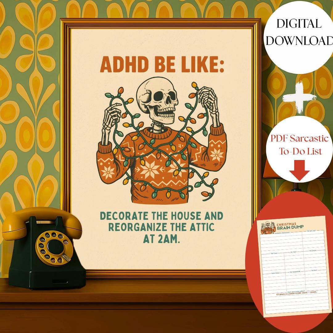 Christmas ADHD Retro Skeleton Wall Art Printable, Digital Brain Dump ...