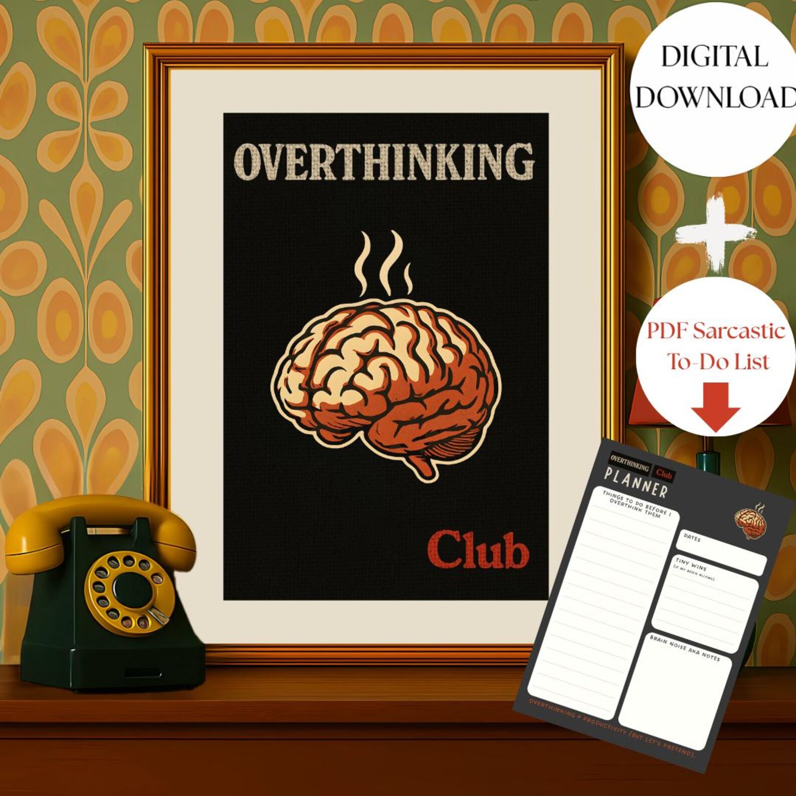 Overthinking Club Wall Art Printable – Funny Retro Brain Poster ...
