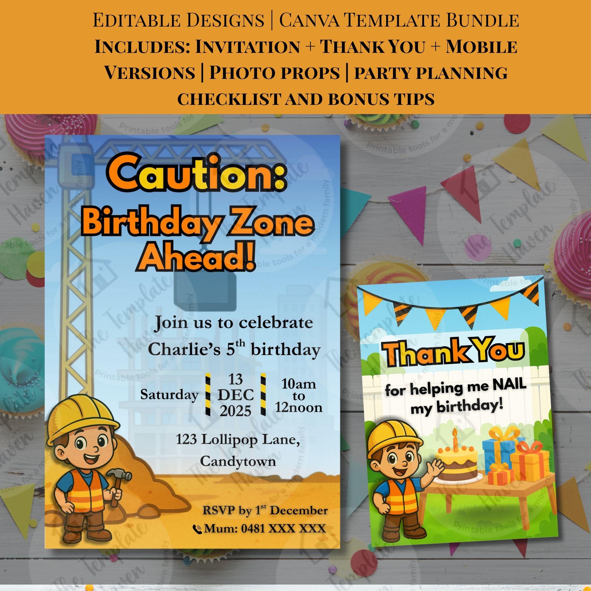 Construction Birthday Invitation Bundle: Editable Canva Templates ...