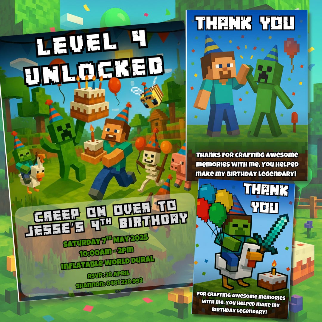 Minecraft Birthday Invitation Bundle | Editable Canva Template + Party ...