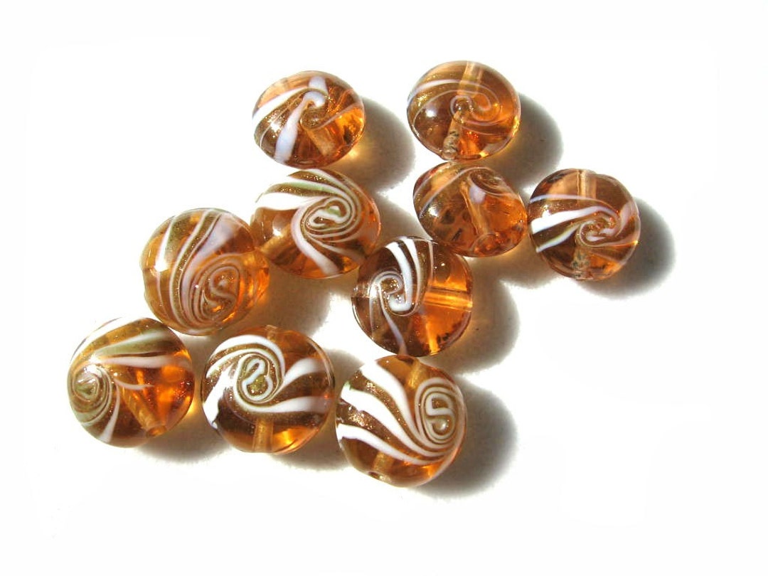 Yellow White Copper Foil Puffed Coin Lampwork Glass Beads - Set of 10 ...