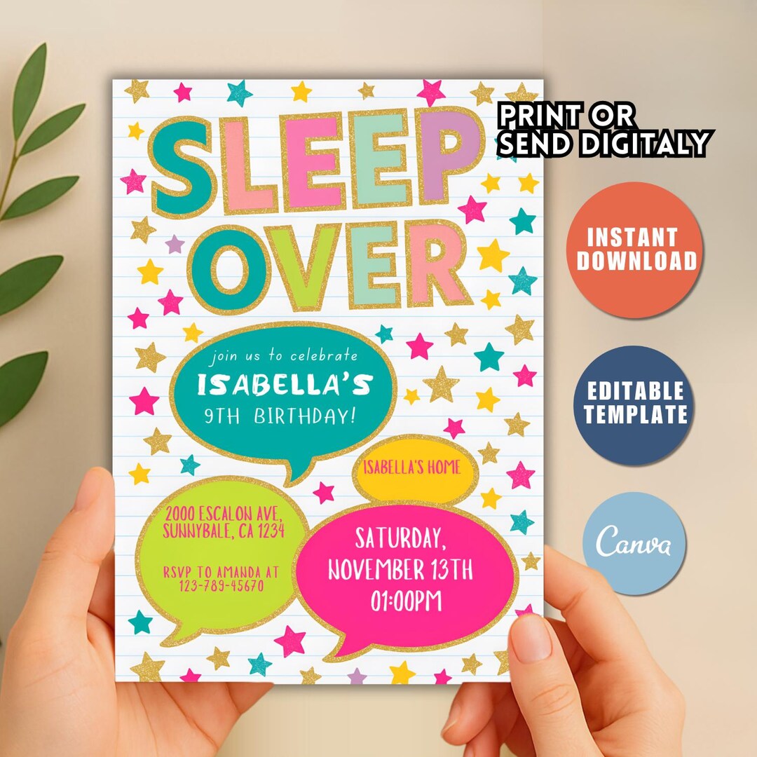 Editable Sleepover Birthday Invitation Preppy Tween Teen Varsity ...