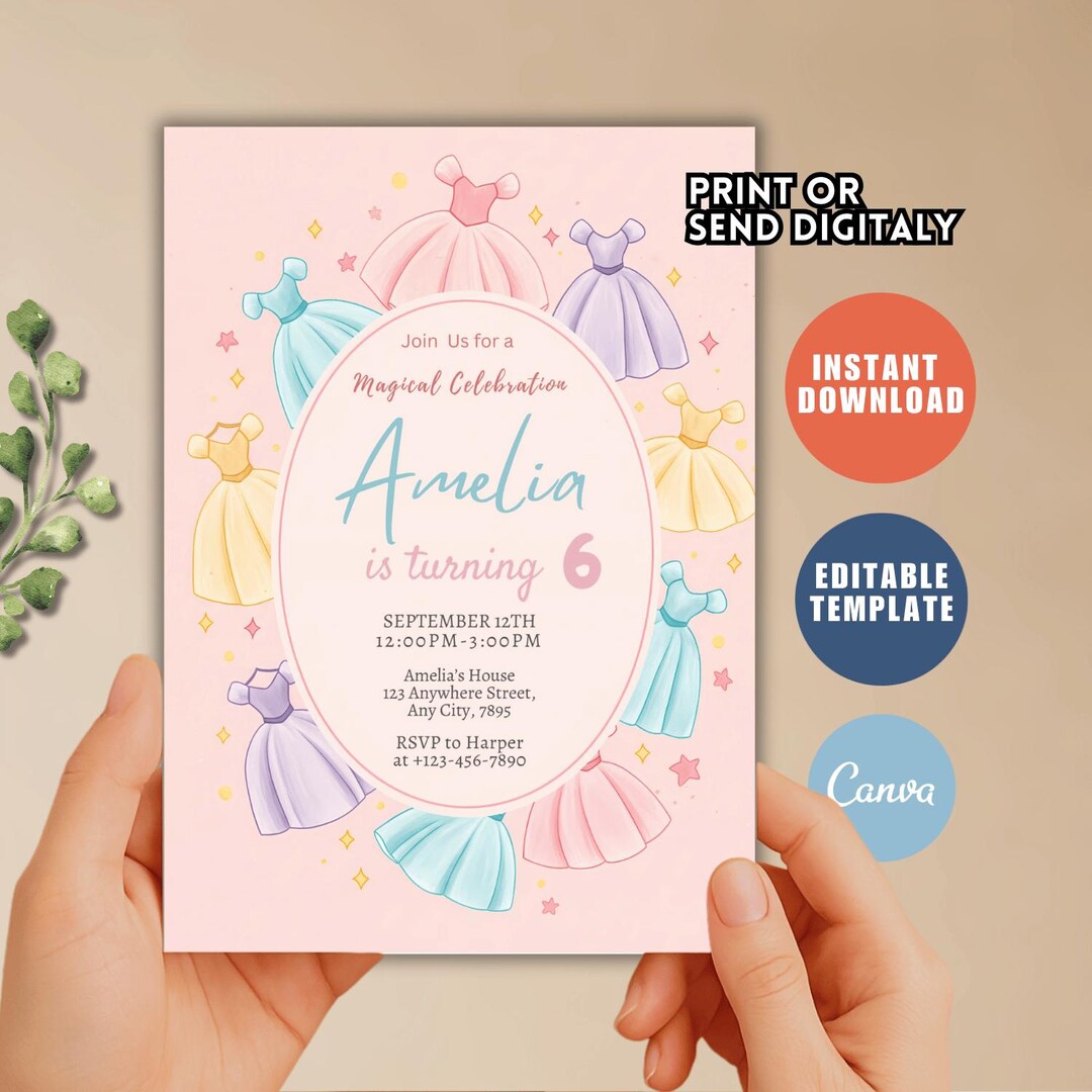 Princess Birthday Invitation Once Upon a Time Princess Dresses Invite ...