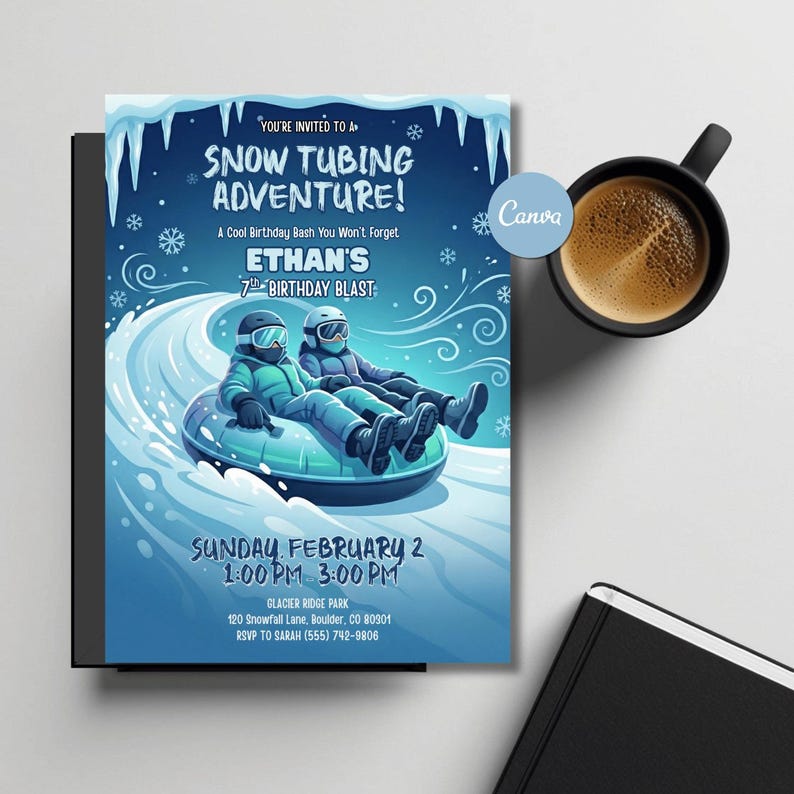 Snow Tubing Birthday Invitation: Winter Kids Party, Editable Canva ...