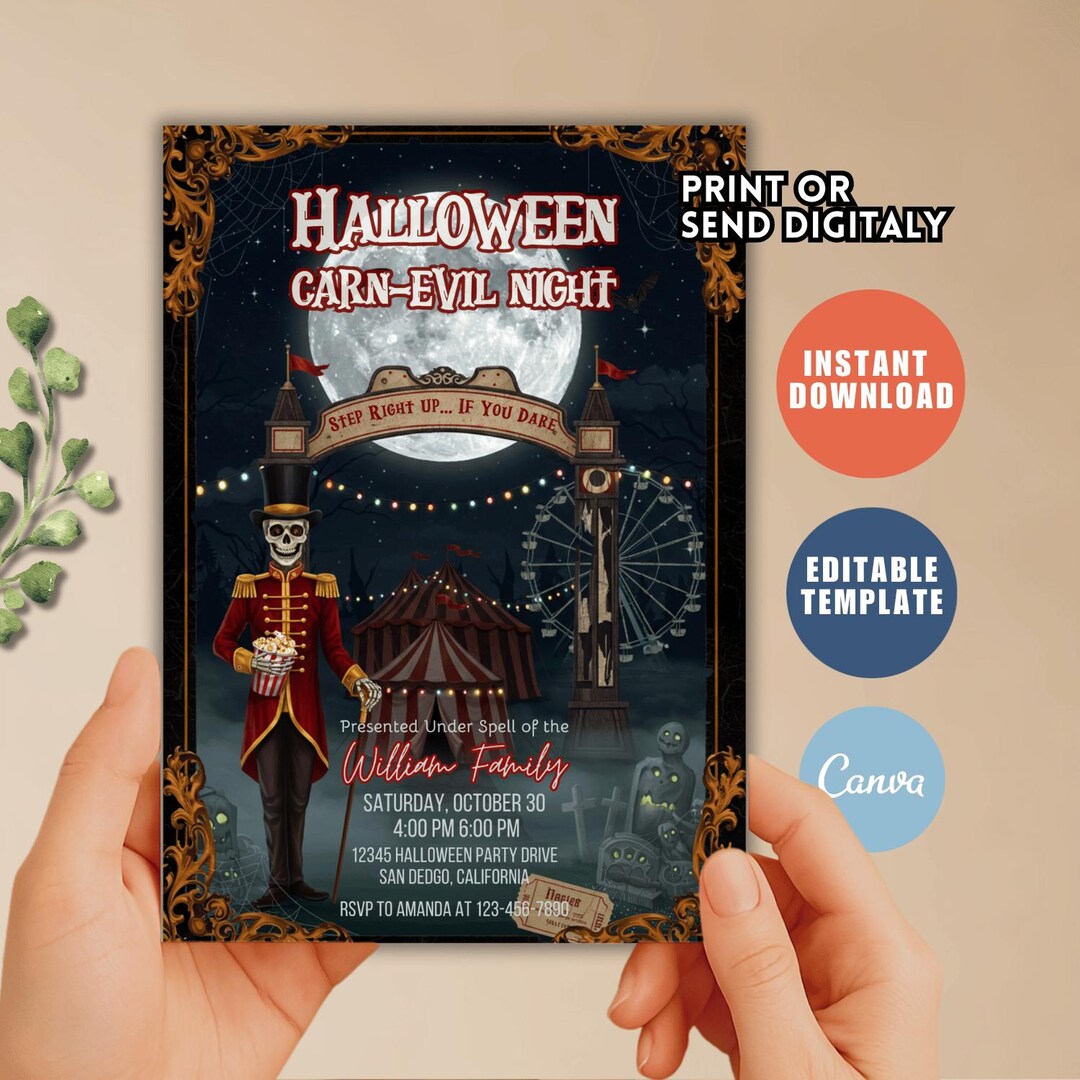 Haunted Circus Halloween Party Invitation, Spooky Carnival, Editable ...