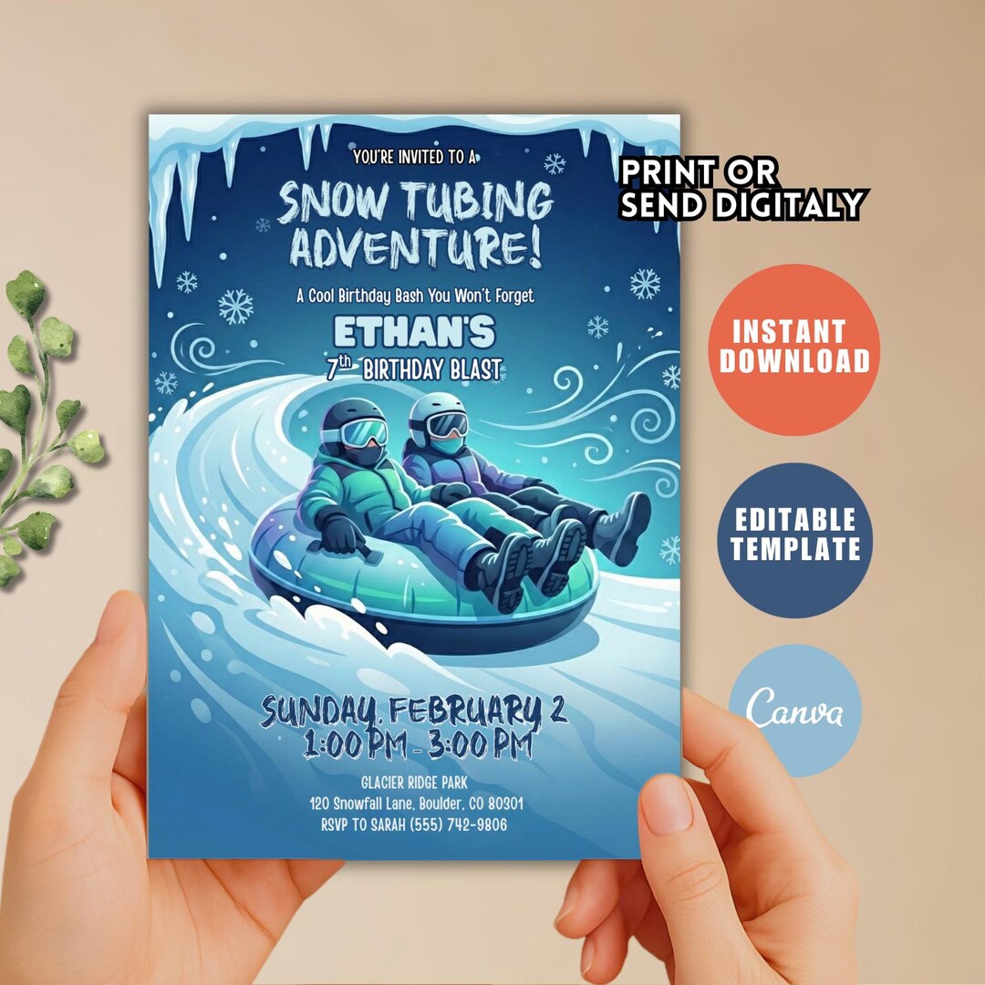 Snow Tubing Birthday Invitation: Winter Kids Party, Editable Canva ...