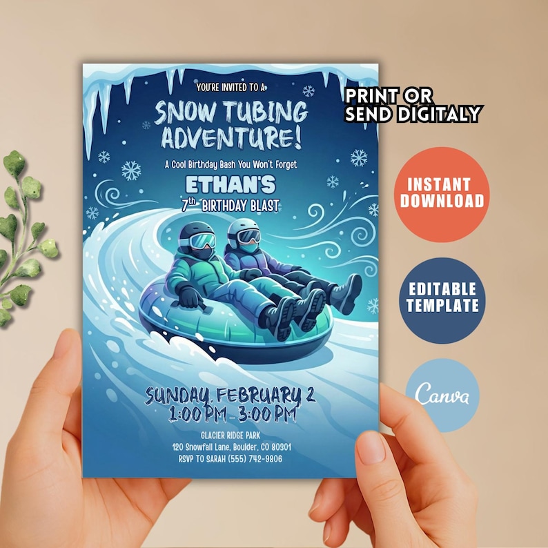 Snow Tubing Birthday Invitation: Winter Kids Party, Editable Canva ...