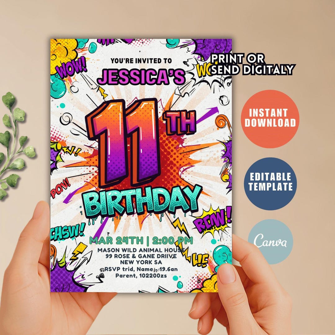 Editable 11th Birthday Invitation, Boy, Canva Template (digital ...