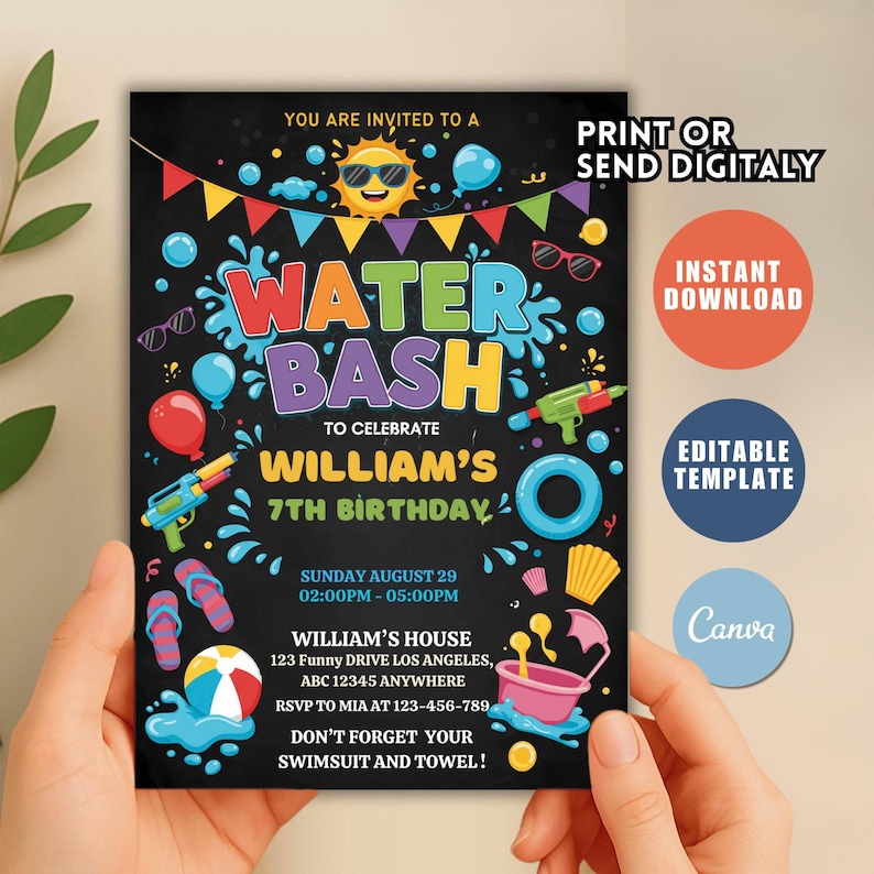 Editable Water Bash Birthday Invitation, Splish Splash Party (digital ...