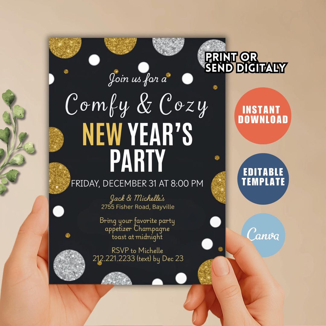 Gold New Year's Eve Party Invitation Template, Editable NYE Invite ...