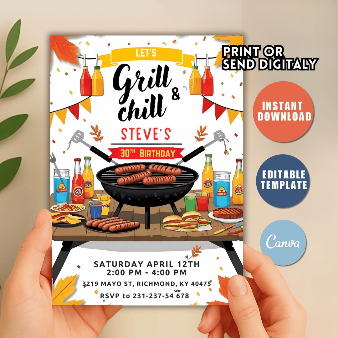 BBQ Birthday Invitation, Grill & Chill Party, Modern Design (digital ...