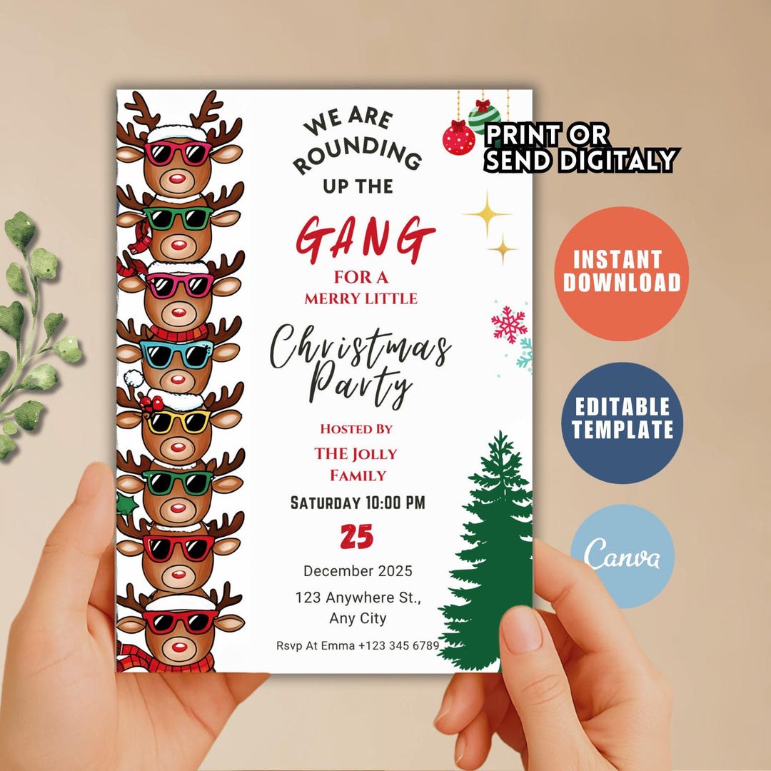 Editable Reindeer Christmas Party Invitation, We're Rounding up the ...