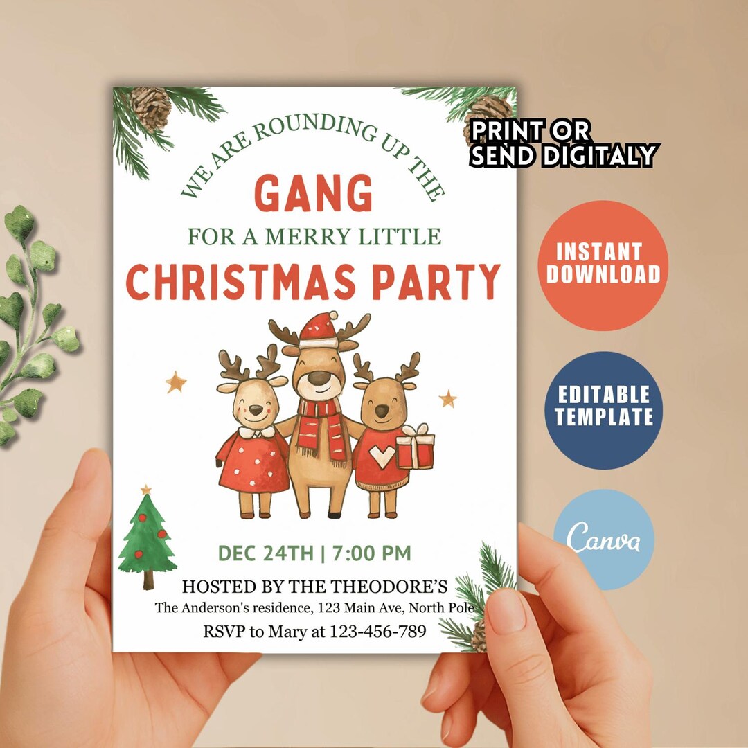 Editable Reindeer Christmas Party Invitation, We're Rounding up the ...