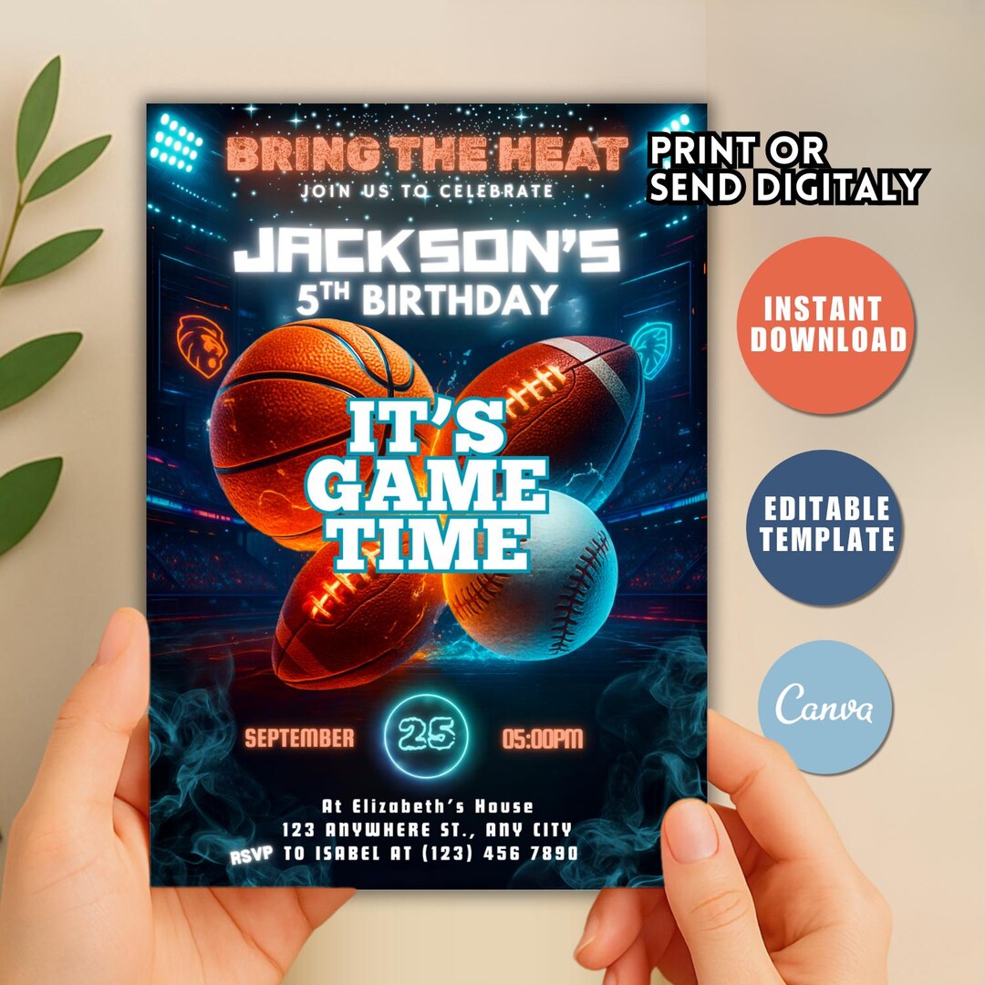 Editable Sports Theme Birthday Party Invitation Basketball Soccer ...