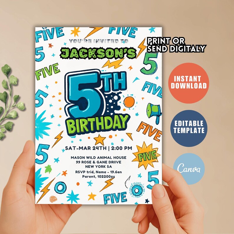 Editable Boy Birthday Invitation, Neon Birthday Invitation, 5th Boy ...