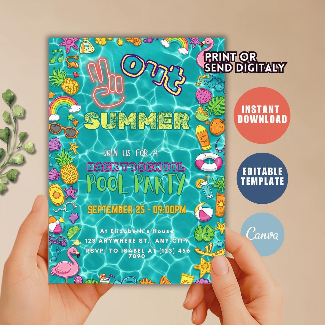 End of Summer Pool Party Invitation, Back to School (CANVA Editable ...
