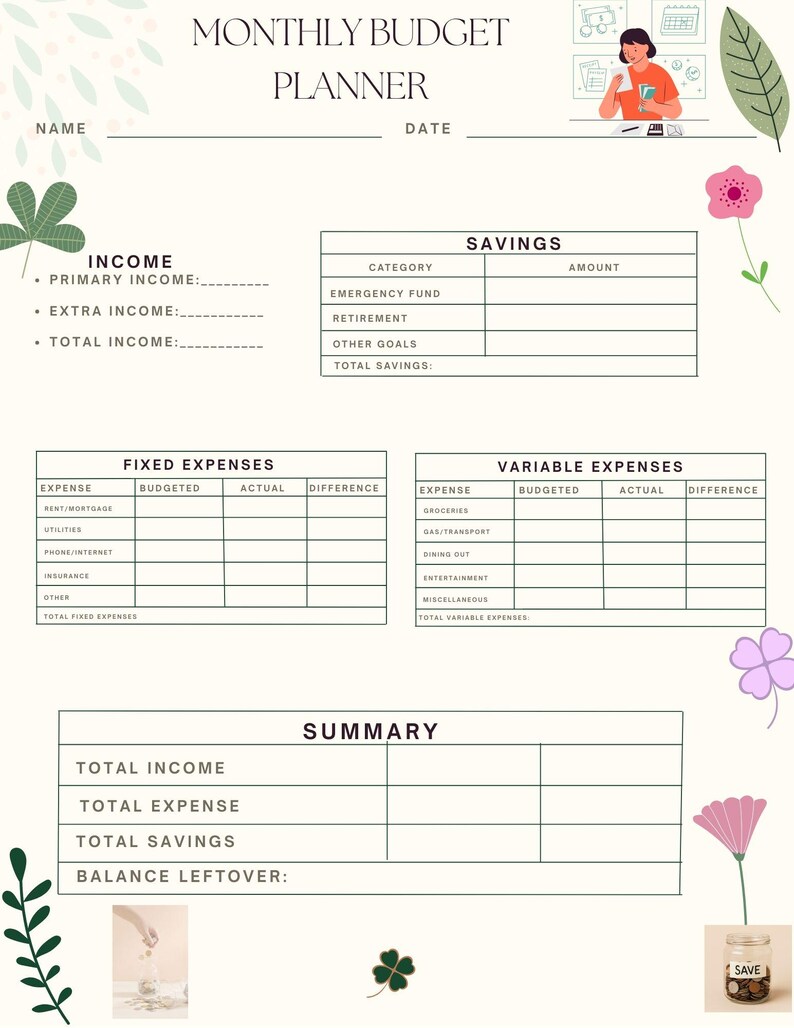 Monthly Budget Planner | Printable Budget Sheet | Digital Finance ...