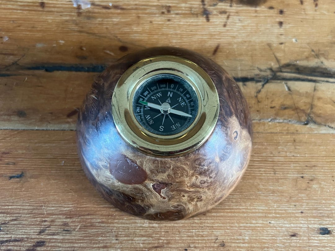 Vintage Mallee Burr Wood Compass | Brass Inset Desk Accessory Compass ...