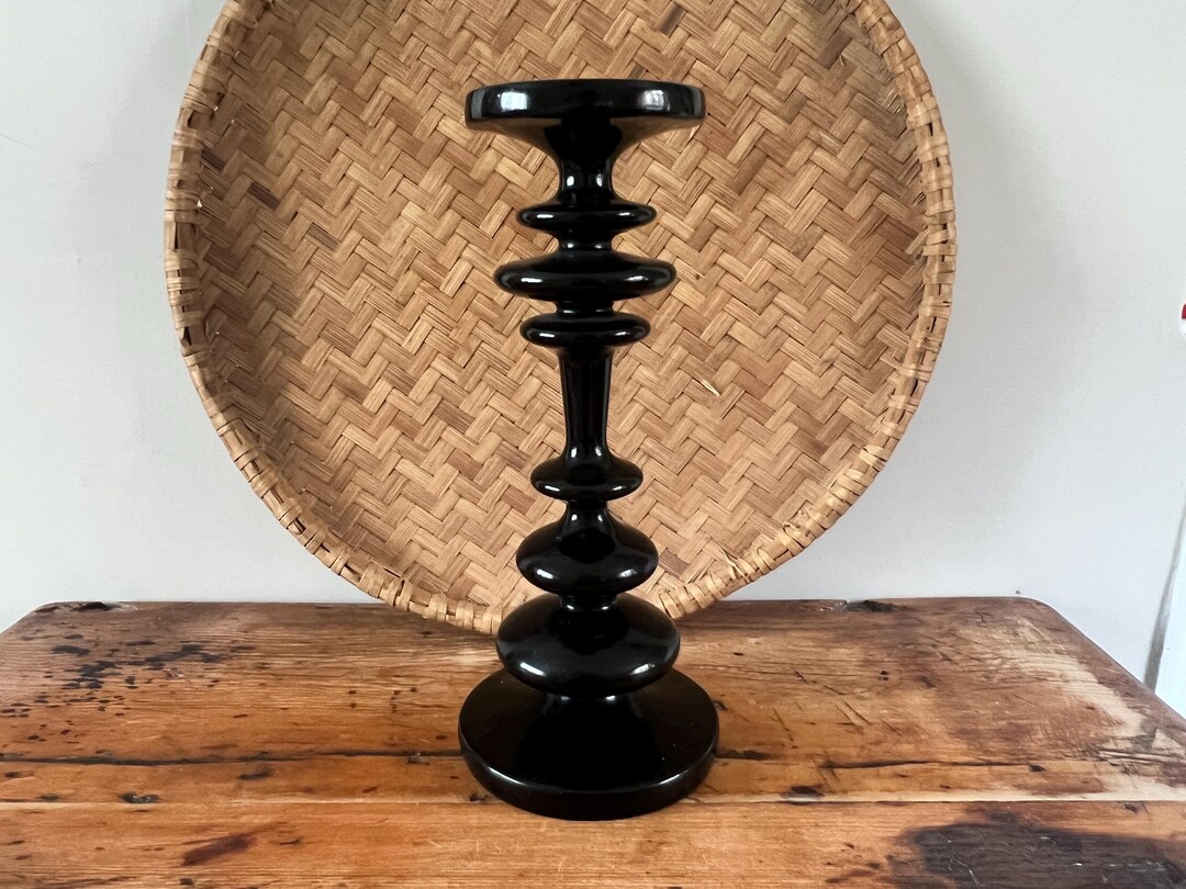 Large Andrew Martin Vintage Black Metal Candlestick | Tiered Lacquered ...
