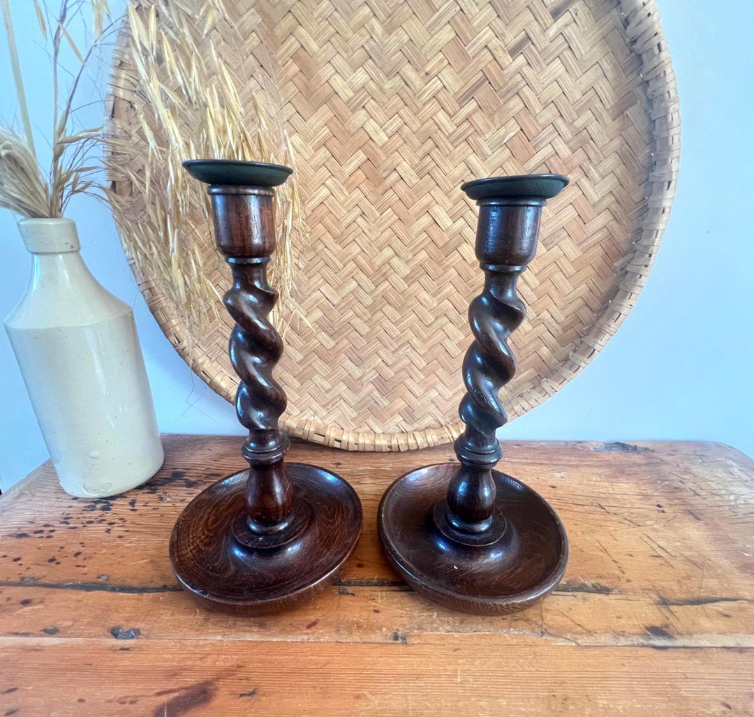 Pair of Vintage 10" Barley Twist Oak Candlesticks Antique English ...