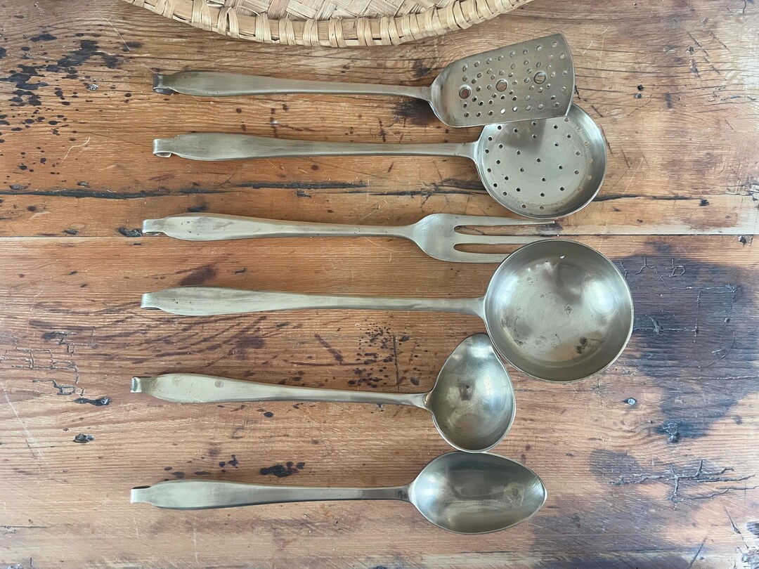 Vintage Brass Kitchen Utensil Set - Mid-century Modern Serving Tools ...