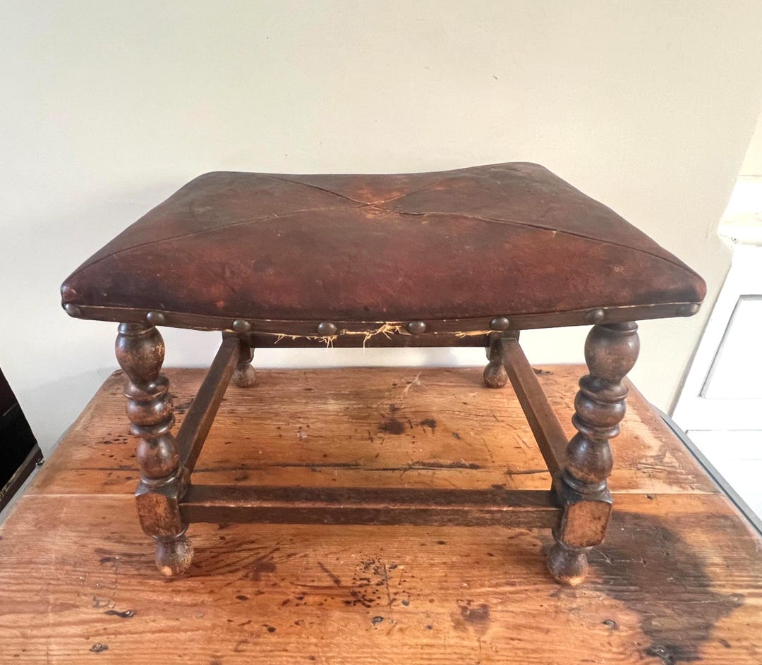 Antique Spanish Colonial Style Footstool – Hand-tooled Leather & Turned ...
