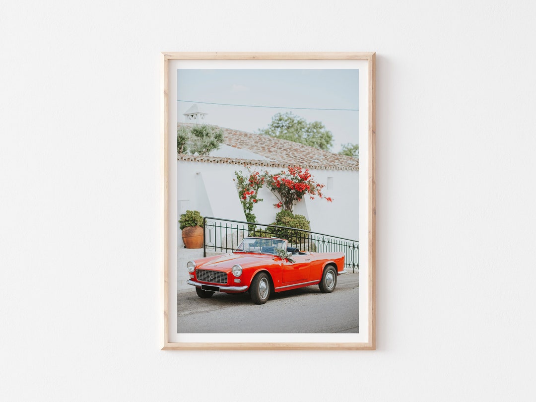 Red Convertible Car Print, Red Bougainvillea Art Print, Botanical Red ...