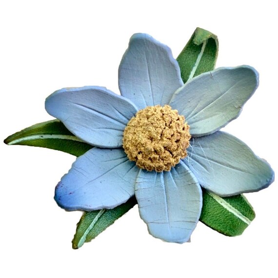 Leather Hand Tooled Blue Flower Brooch Made in Canada… - Gem
