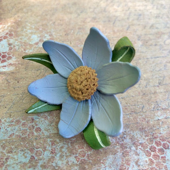 Leather Hand Tooled Blue Flower Brooch Made in Canada… - Gem