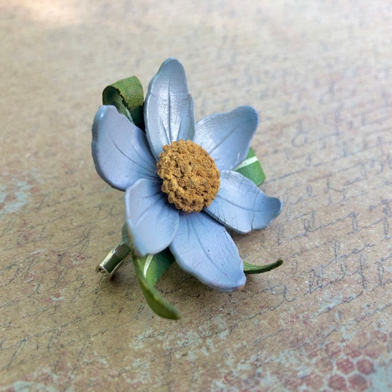 Leather Hand Tooled Blue Flower Brooch Made in Canada… - Gem