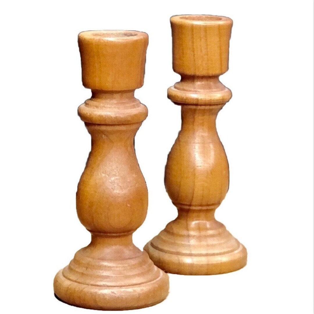 MCM Wooden Tiny Wooden Candlestick Holders - Set of 2 Small and Cute ...