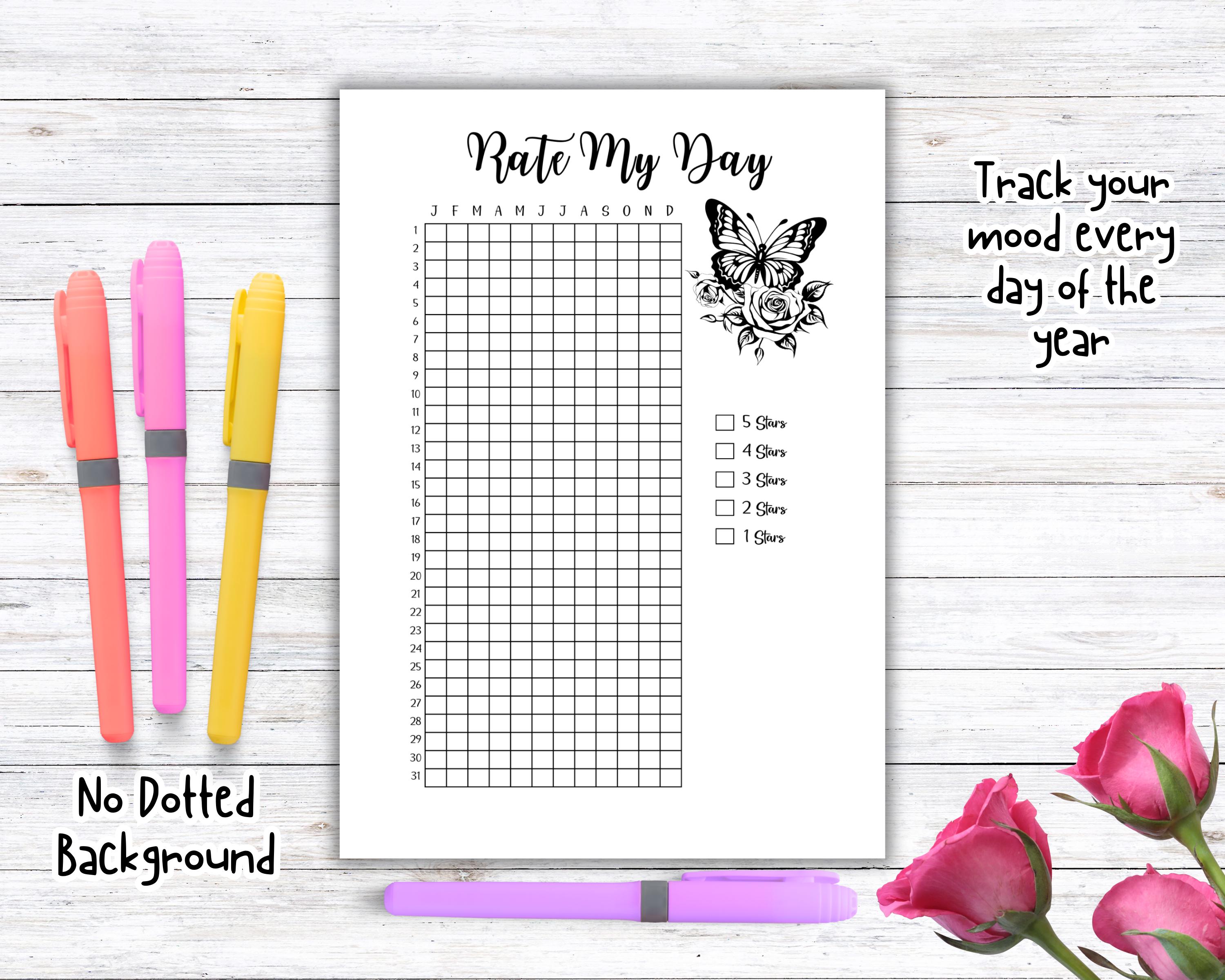 Rate My Day, Mood Tracker, Printable Journal Page, Yearly Self-care Log ...