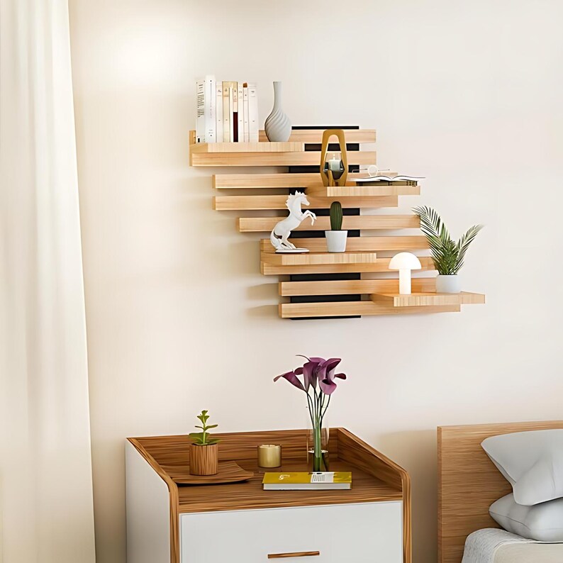 Modern Staggered Wood Floating Shelf, Layered Display Rack - Etsy