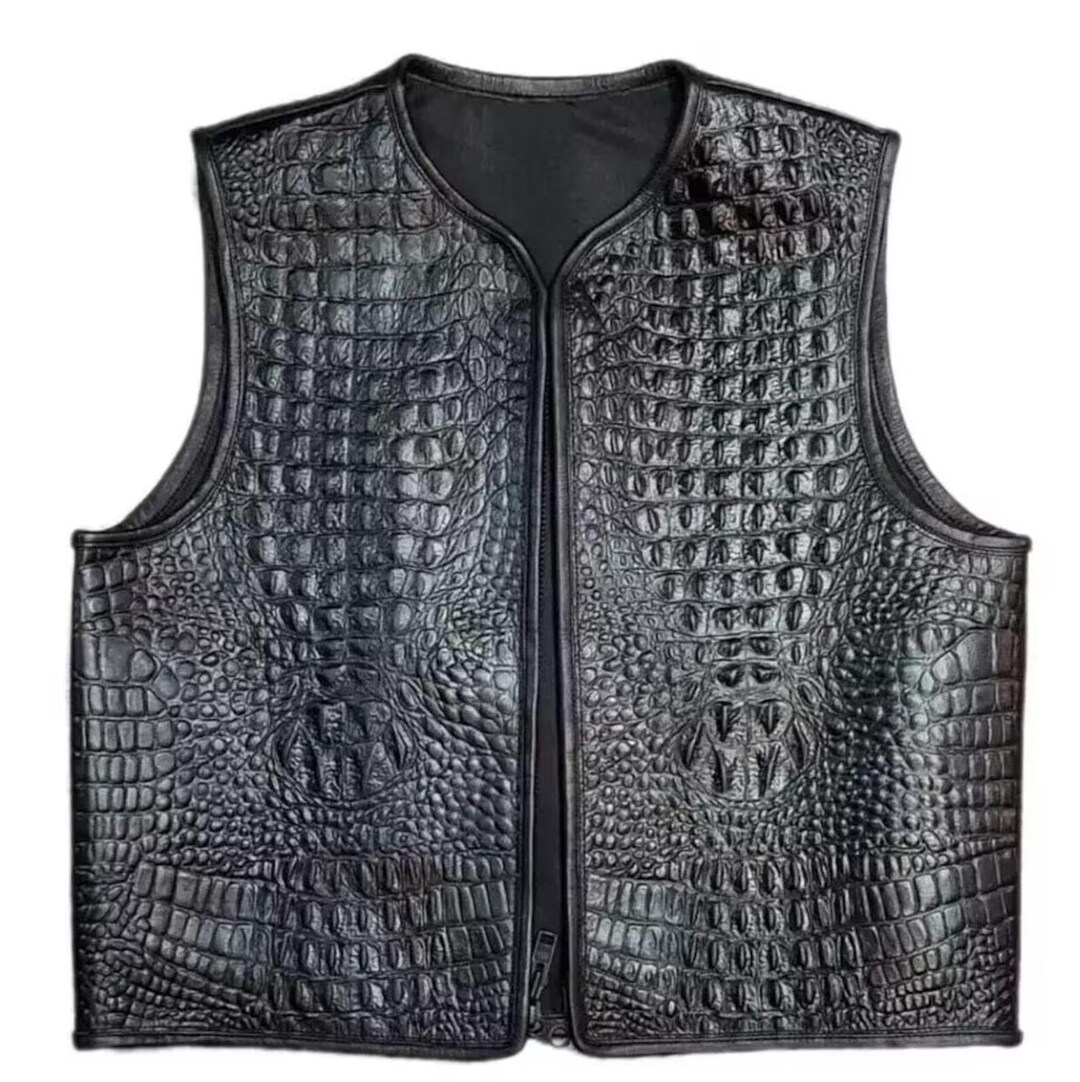 Men's Motorbike Black Crocodile Embossed Leather Motorcycle Vest ...