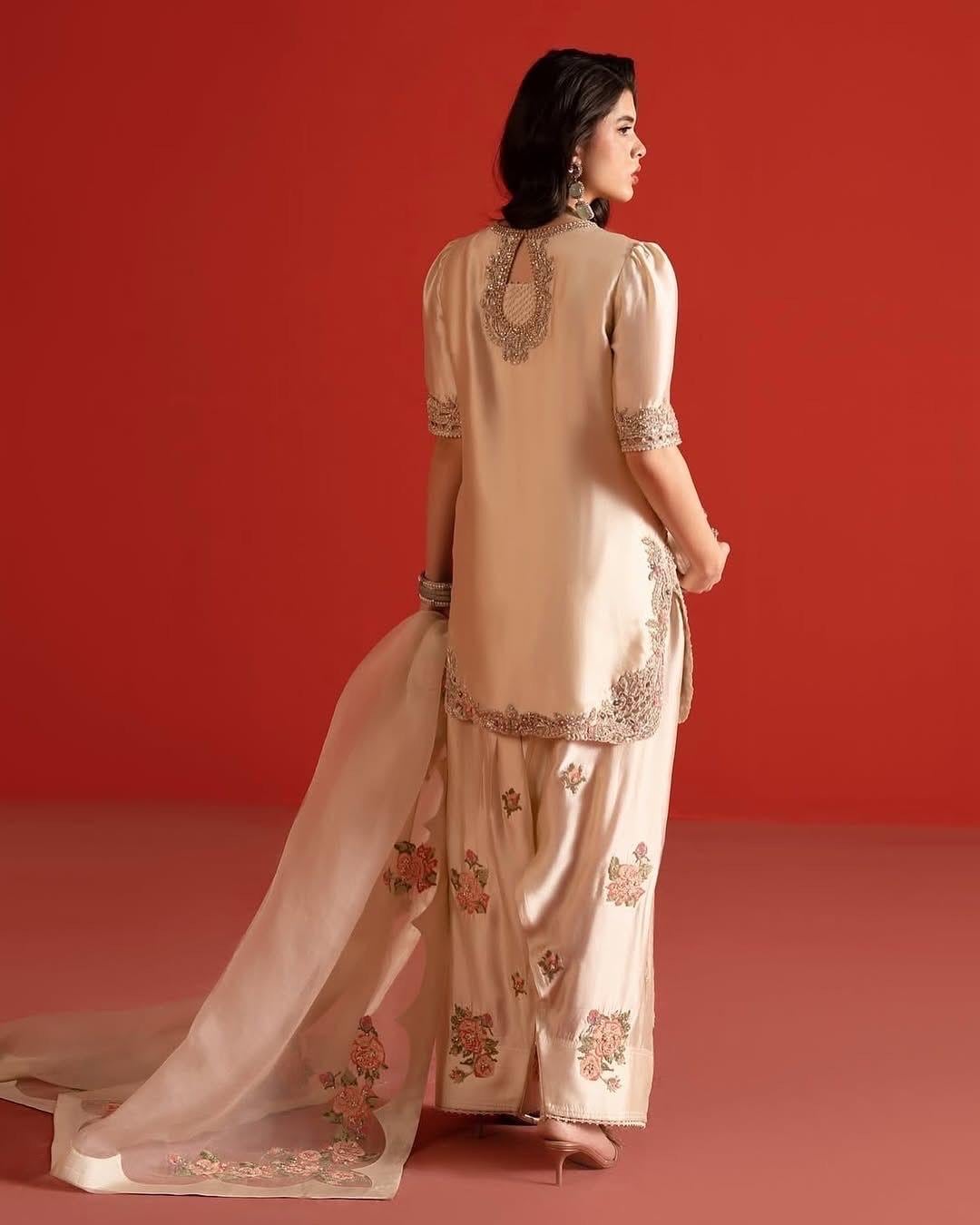 Embroidered Silk Shalwar Kameez | Appliqué Organza Dupatta, Festive ...
