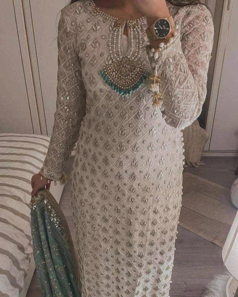 Pakistani Chickenkari Dress | Hand Embroidered Outfit With Mirror Lace ...