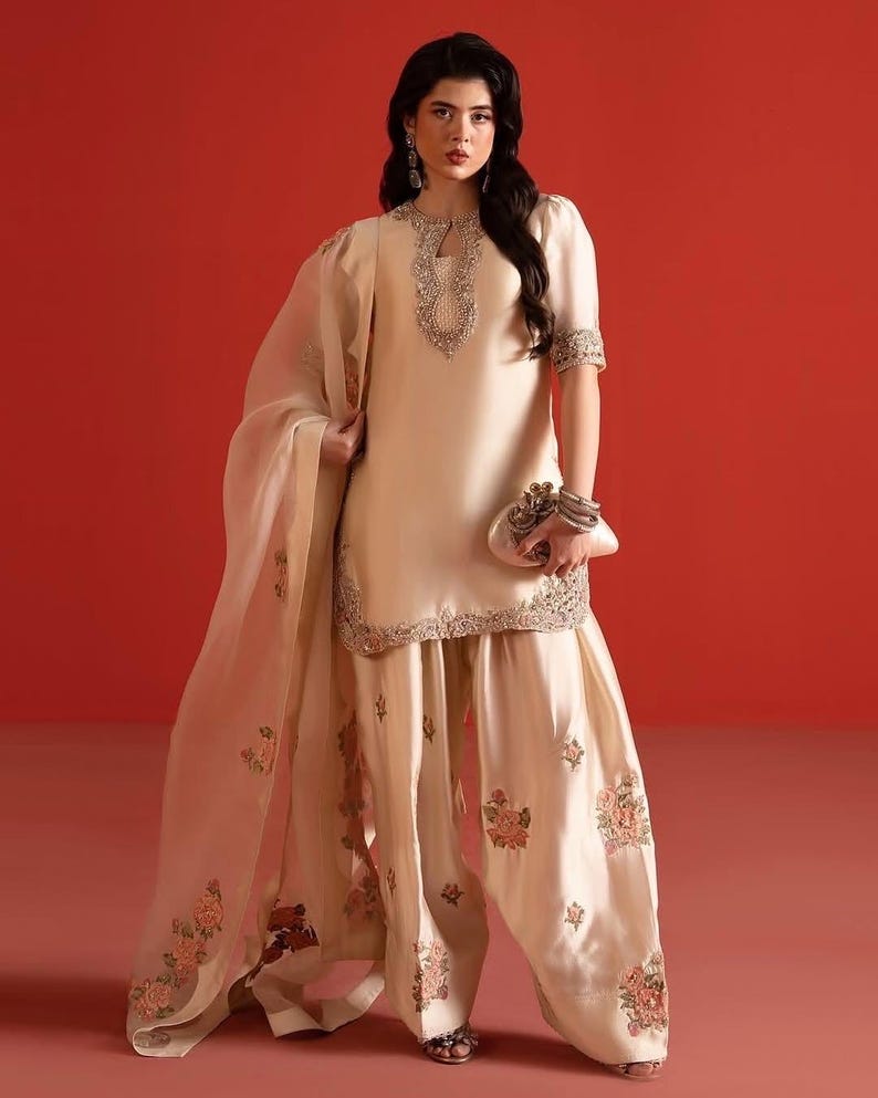 Embroidered Silk Shalwar Kameez | Appliqué Organza Dupatta, Festive ...